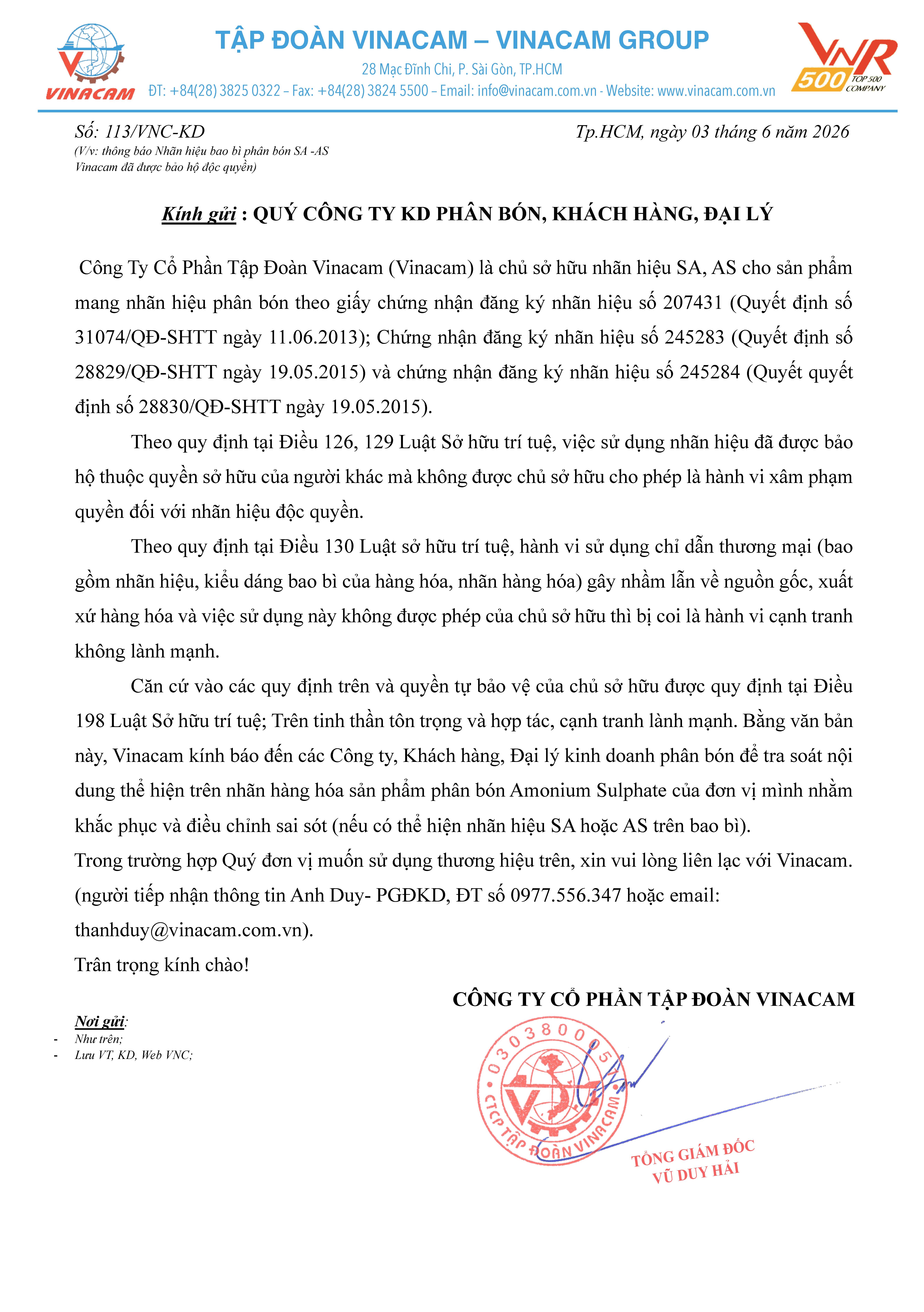 Công văn số 113/VNC-KD thông báo Nhãn hiệu bao bì phân bón SA - AS ...